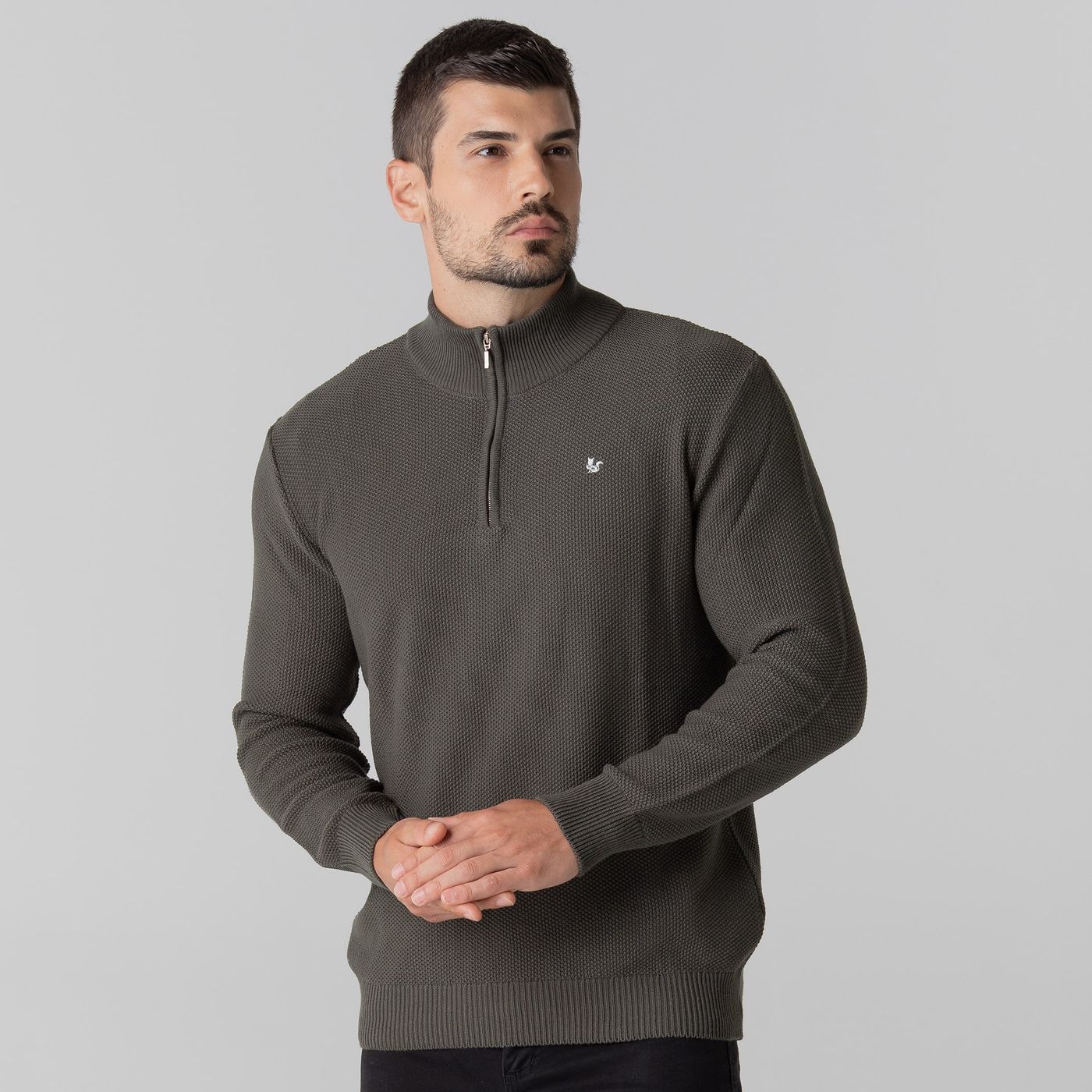 Suéter verde escuro gola alta com zíper masculino - Fiero