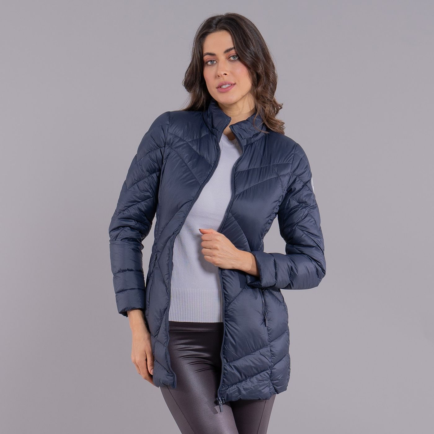 Casaco longo feminino de pluma azul marinho Abonance - Fiero